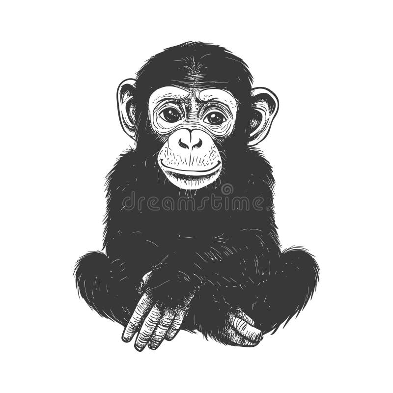 Adorable Baby Chimpanzee Sitting, Hand-Drawn Illustration Stock Vector ...