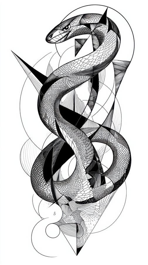 Black and White Illustration of a Snake with Geometric Patterns Stock ...