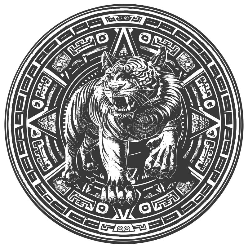 Fierce Tiger in Ancient Mayan-Style Circular Design, Powerful Predator ...