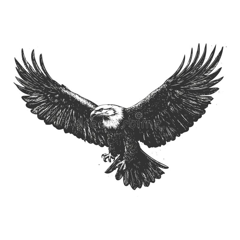 Black and White Illustration of a Soaring Eagle with Outstretched Wings ...