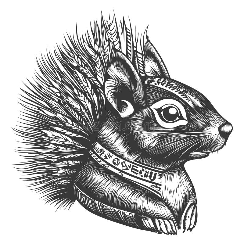 Majestic Squirrel Profile with Tribal Ornamentation, Intricate Woodcut ...