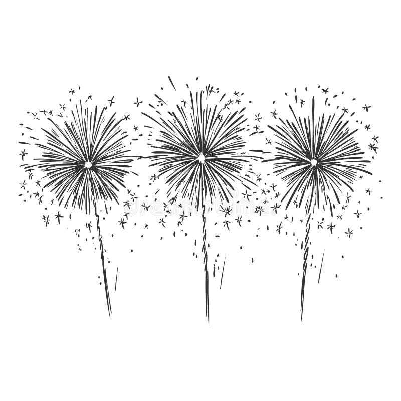 Black and White Illustration of Three Fireworks Bursting in the Sky ...