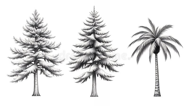 Black and White Illustration of Three Trees Stock Illustration ...