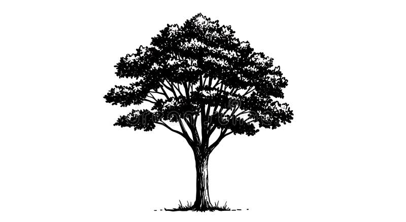 Black and White Illustration of a Tree with a Broad Canopy and Dense ...