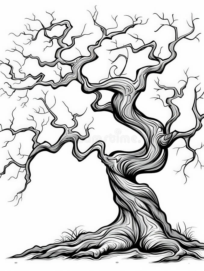 Artistic Black and White Illustration of a Twisted Tree Stock ...