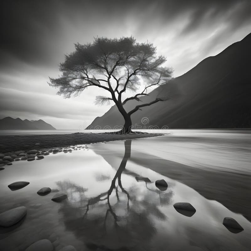 Black and White Illustration of a Tree Reflected in the Water at Sunset ...