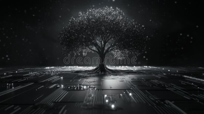 A Black and White Illustration of a Tree with Roots Resembling Circuit ...