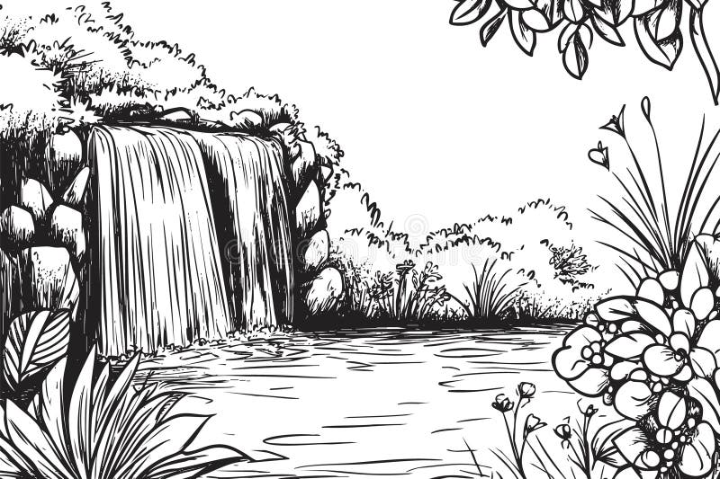 Black and White Illustration of a Waterfall in a Natural Landscape ...