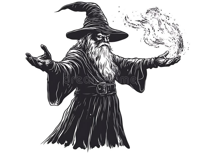 A Black and White Illustration of a Wizard. he Wears a Traditional ...
