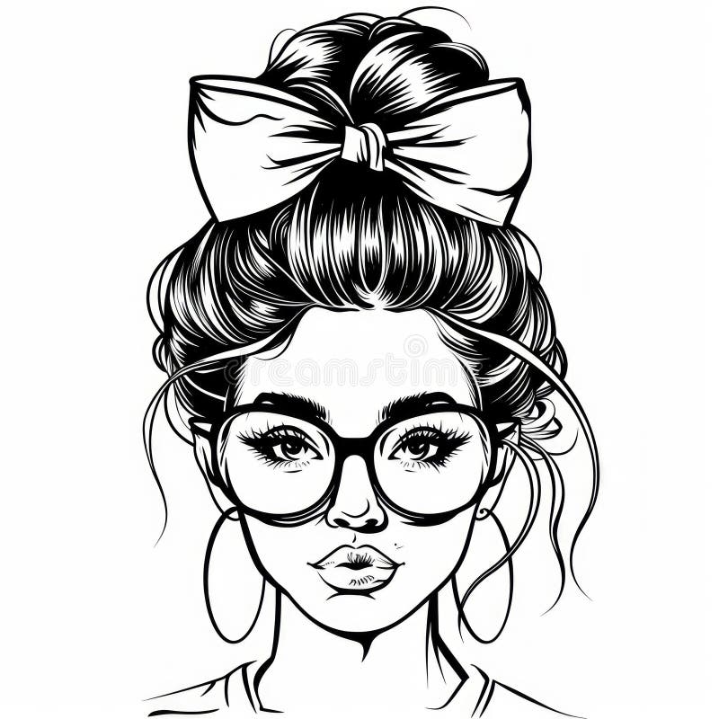 Black And White Illustration Of A Woman With Glasses And A Bow Generative Ai Stock Illustration