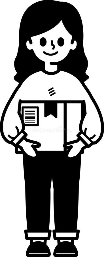 Black and White Illustration of a Woman is Holding a Parcel Box Stock ...