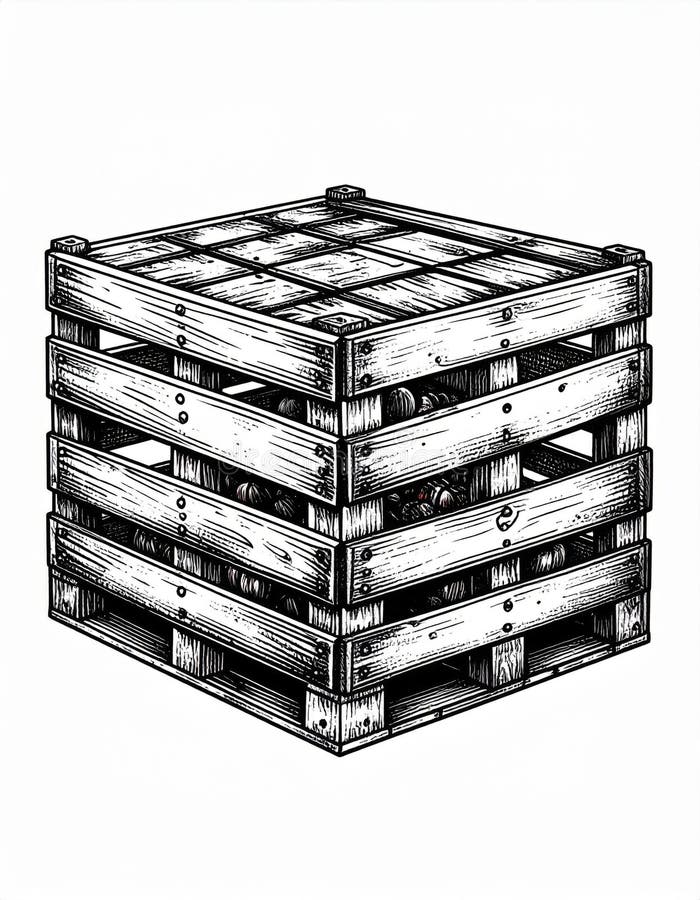 Black and White Illustration of a Wooden Crate Stock Illustration ...