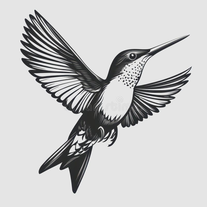 Black and White Illustrative Hummingbird in Flight with Detailed ...