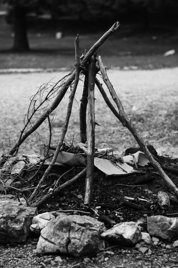 Black and White Image of Bon Fire with Sticks, Rocks and Ashes Stock ...