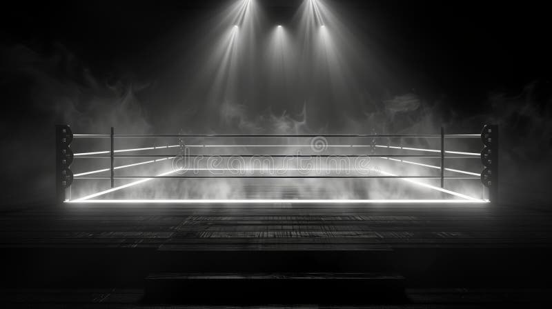 Black and White Image of a Boxing Ring with Ropes and Corner Posts ...