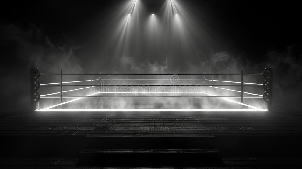 Black and White Image of a Boxing Ring with Ropes and Corner Posts ...