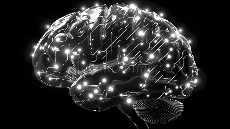 A Black and White Image of a Brain with Lights Coming Out of it Stock ...