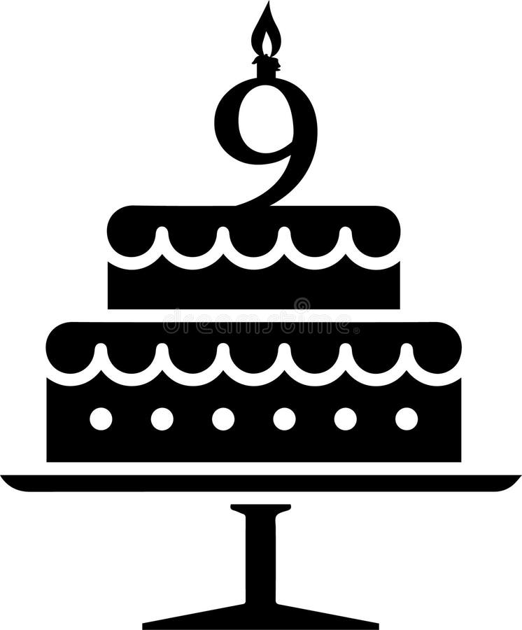 A Black-and-white Image of a Cake with the Number 9 on it. Stock Vector ...