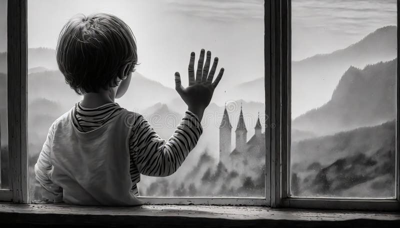 Black and White Image of a Child by the Window Stock Illustration ...