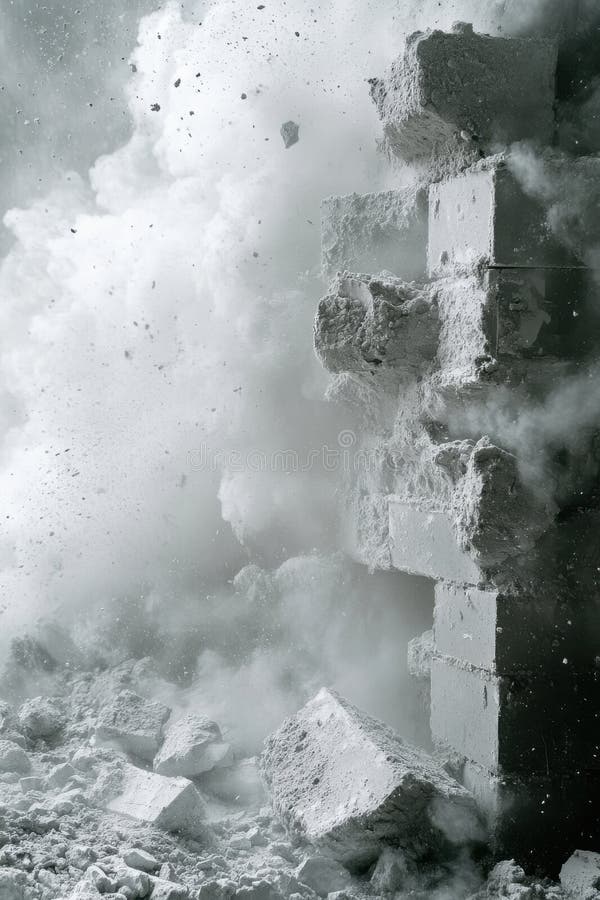 Crumbling Stone Structure Amidst Dust Cloud, Black and White ...