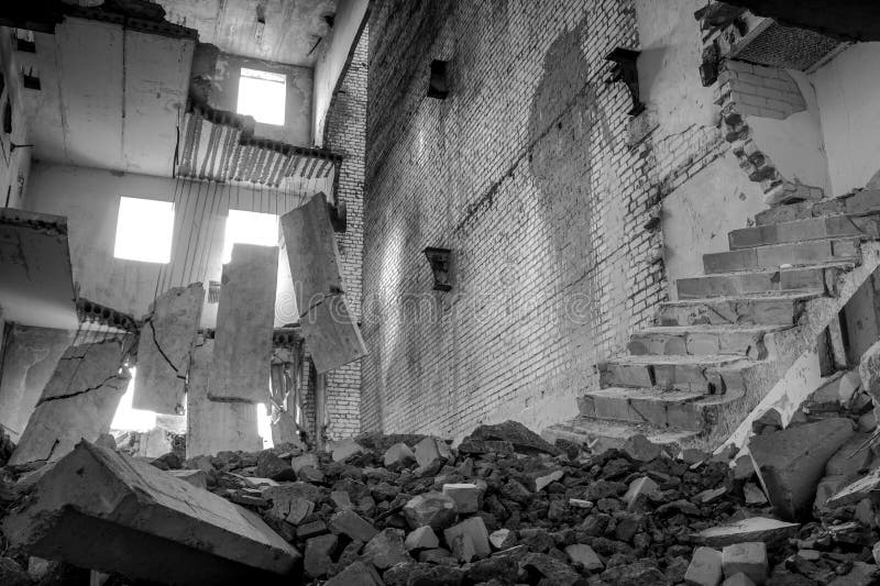 Destroyed Concrete Building Inside with a Pile of Construction Debris ...