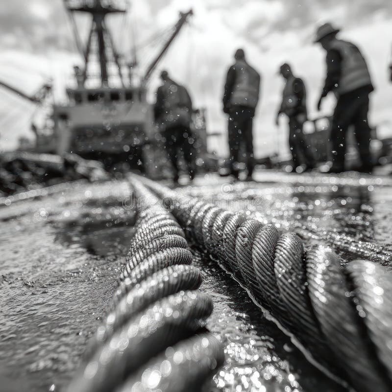 Black and White Image of Dock Workers with Rope and Water Splashes ...