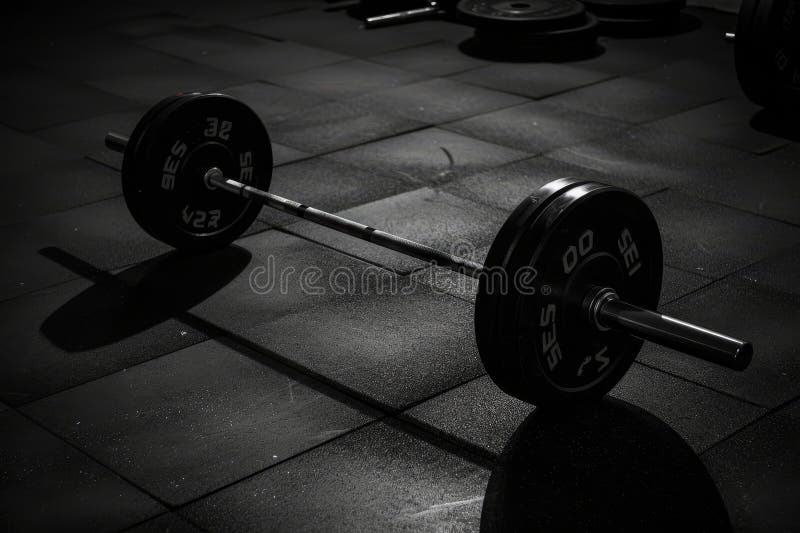A Black and White Image Featuring a Barbell with Heavy Plates Loaded on ...