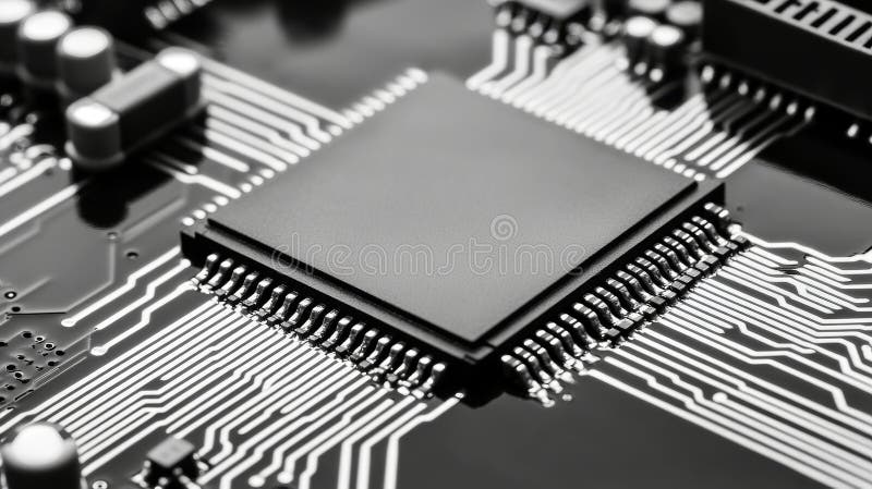 Black and White Image Featuring a Microprocessor Positioned on a ...