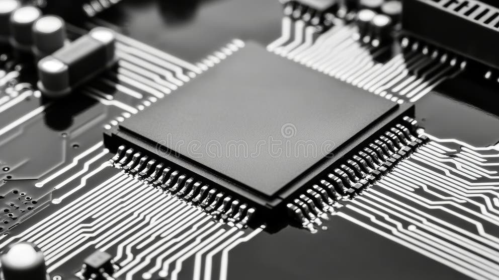Black and White Image Featuring a Microprocessor Positioned on a ...