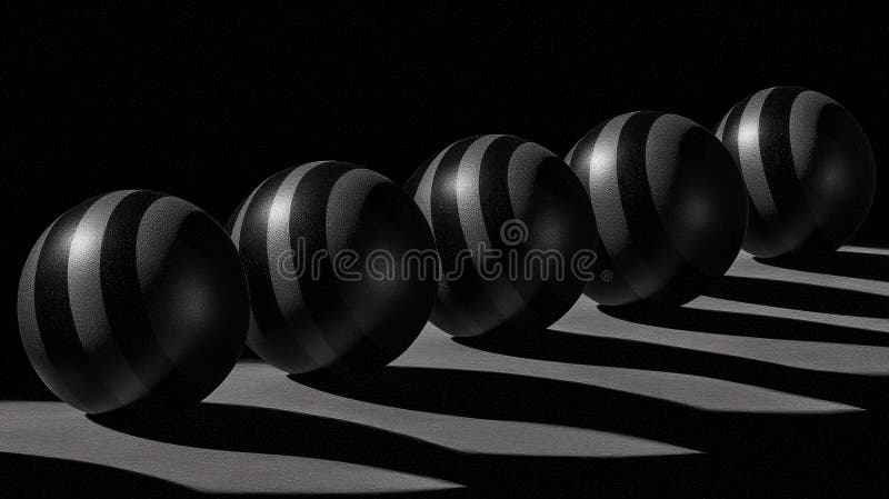 A Black and White Image of Five Spheres Arranged in a Line. Stock Photo ...