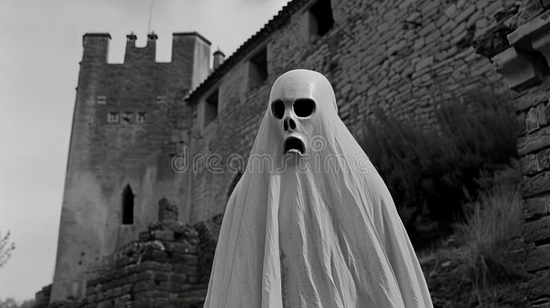 Black and White Image of a Ghostly Figure in Front of a Medieval Castle ...