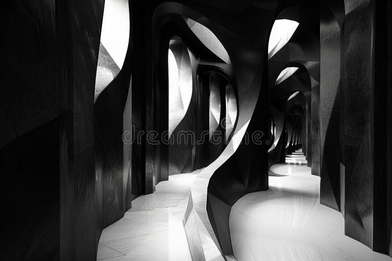 A Black and White Image of a Hallway with an Abstract Structure Stock ...