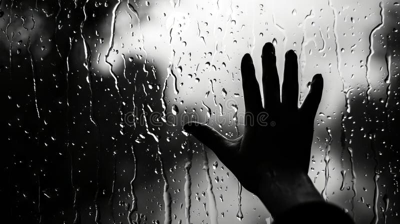 Black and White Image of a Hand Touching a Rain-covered Window. Concept ...