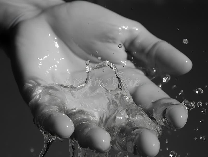 Black and White Image of Hands with Water Cascading Down Them Stock ...