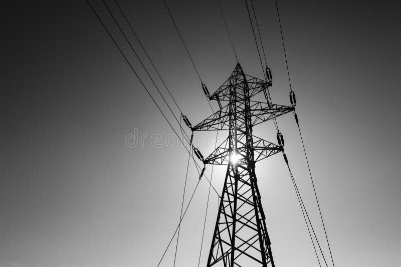 Black and White Image with a High Voltage Electrical Pole Stock Image ...