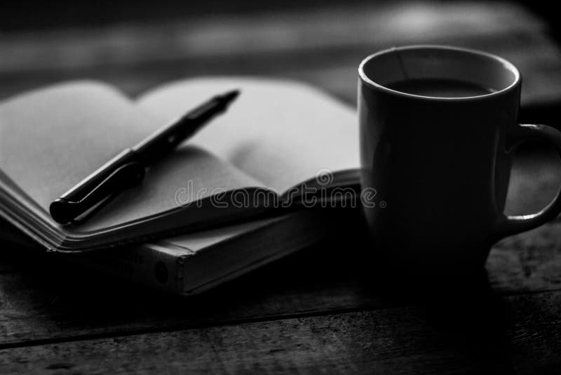 Coffee Mug and Journal in Black and White Stock Photo - Image of ...