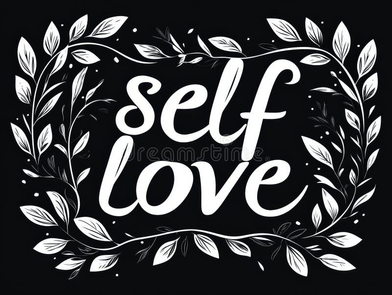 A Black and White Image of a Leafy Border with the Words Self Love ...