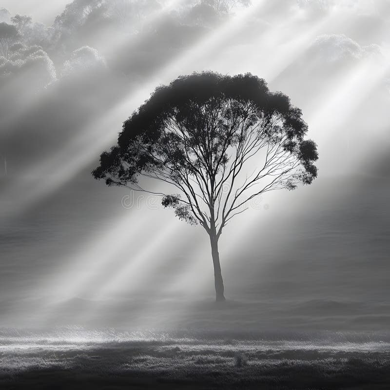 "Black and White Image of a Lone Tree in the Middle of a Foggy Field ...