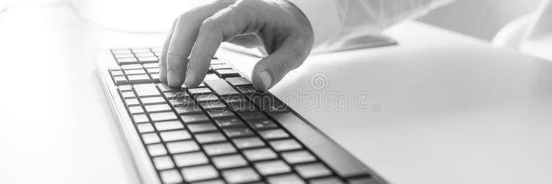 Black and White Image of Male Hand Using Computer Keyboard Stock Photo ...