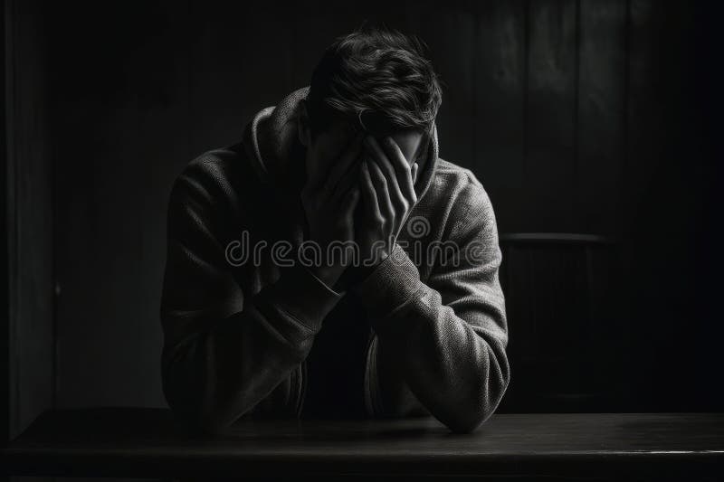 Black and White Image of Man Sitting Alone in Dark Room with His Head ...