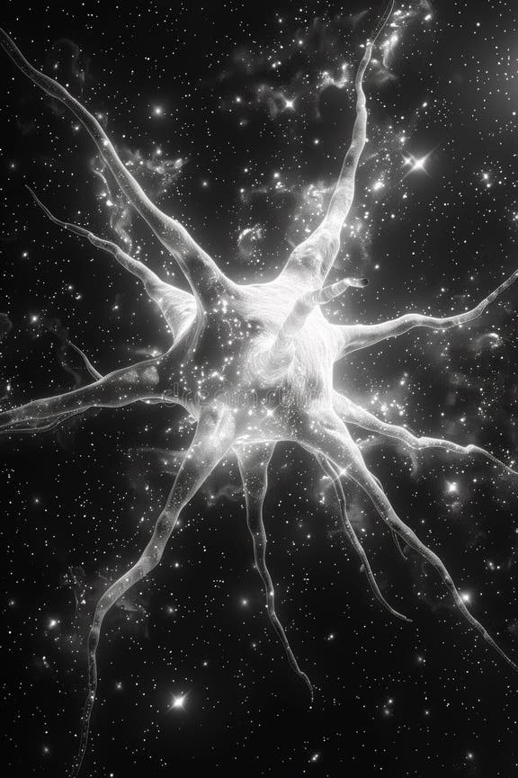A Black and White Image of a Neuron in Space, AI Stock Illustration ...