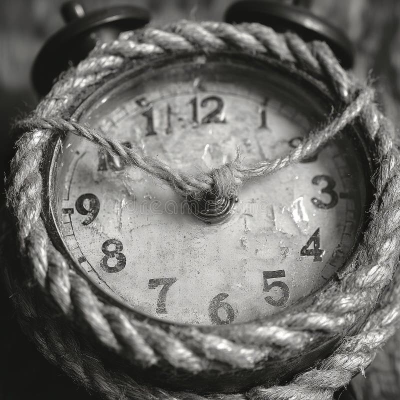 Vintage Clock Wrapped in Rustic Rope in Black and White Stock Image ...