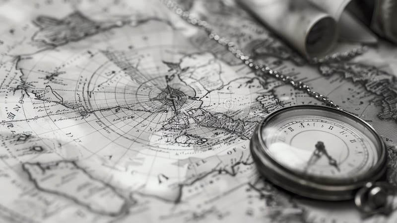 A Black and White Image of an Old Map with a Compass on Top of it Stock ...