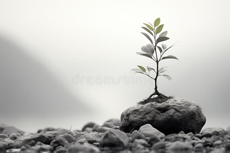 Black and White Image of a Plant Growing on a Rock Stock Illustration ...