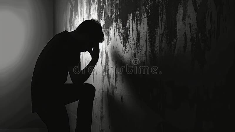 Silhouette of a Pensive Man Leaning Against a Textured Wall, Deep in ...