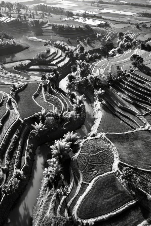 Black and White Image of Rice Terraces Stock Image - Image of step ...