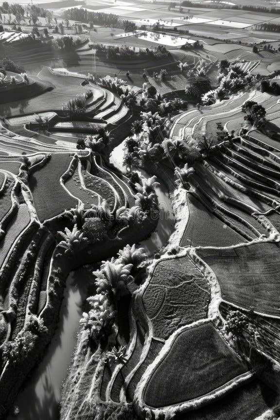 Black and White Image of Rice Terraces Stock Image - Image of step ...