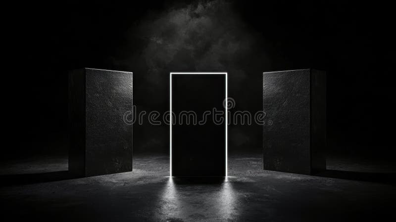 A Black and White Image of a Room with Three Black Rectangular Blocks ...