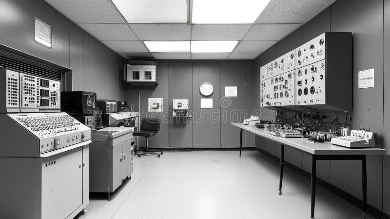 A Black-and-white Image of a 1960s Computer Lab, Highlighting Vintage ...