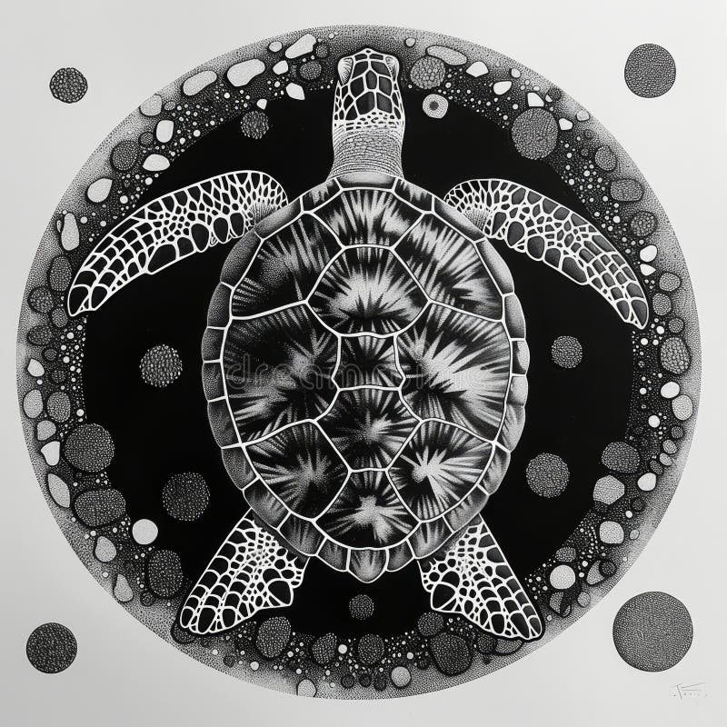 Black and White Image of a Sea Turtle in a Glass Plate. Stock ...